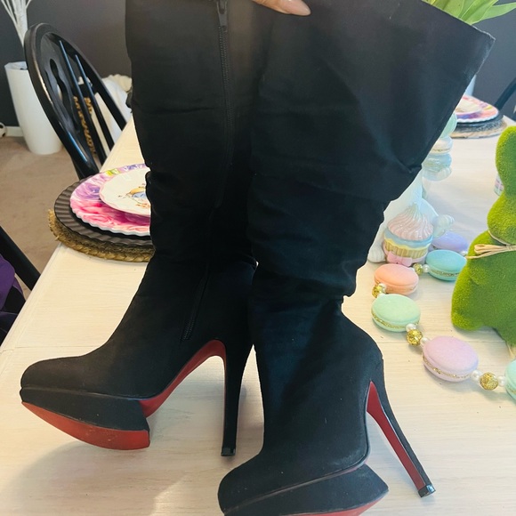 Shoes | Elegant Black High Heel Red Bottom Boots Suede Scrunch Platform ...